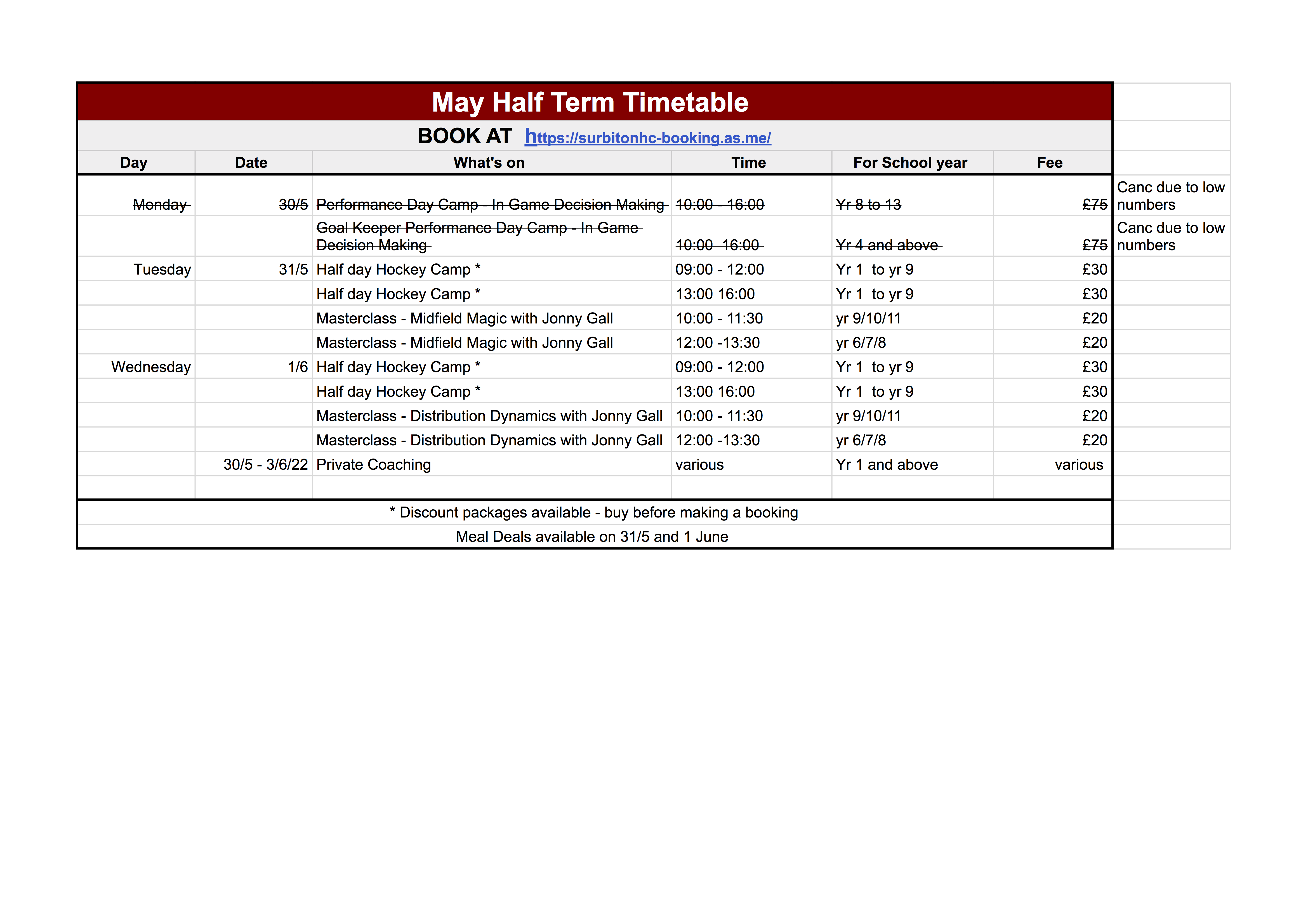 May Half Term Camps - Final Timetable | Surbiton Hockey Club